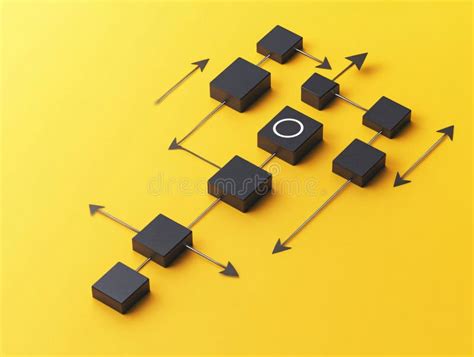 Network Flowchart Black Cubes Arrows Yellow Background Data Process