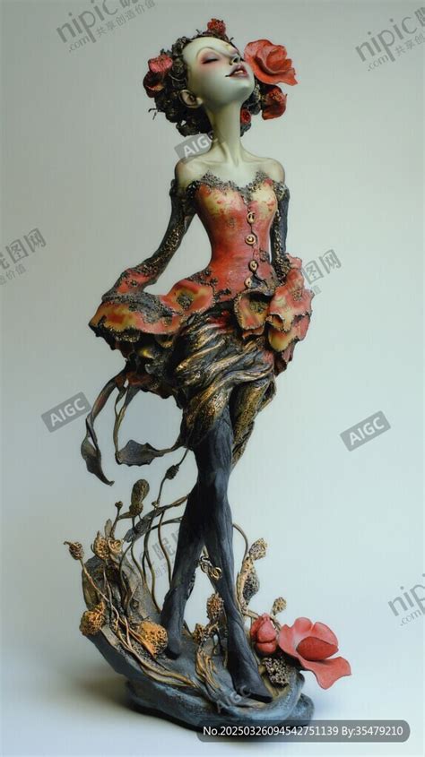 Ai创作图雕塑 花精灵 艺术 人偶 花朵 装饰 创意 手工 造型 服饰 花瓣 藤蔓 底座 色彩 工艺 昵图网