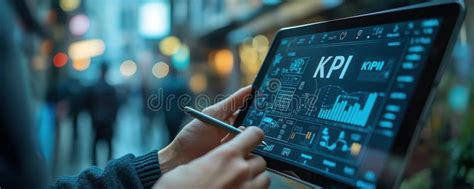 Business Analysis On Tablet Showing Kpi Metrics Chart In Urban Setting