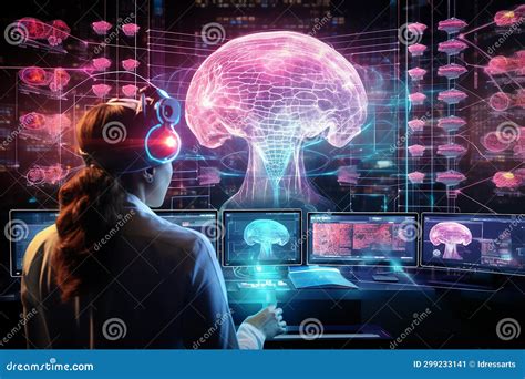 Realistic Brain Scan Neural Activity Neon Colors Stock Illustration