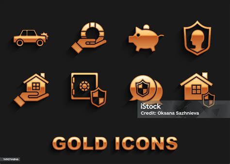 방패 생명 보험 집 위치 손 돼지 저금통 자동차 및 구명 부표 아이콘으로 안전하게 설정하십시오 벡터 가리키기에 대한 스톡 벡터 아트 및 기타 이미지 Istock