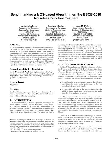 Pdf Benchmarking A Mos Based Algorithm On The Bbob 2010 Noiseless Function Testbed