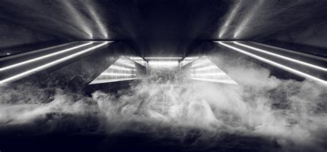 연기 미래의 공상 과학 Fi 네온 형광 가상 현실 백색 빛나는 그런 지 콘크리트 어두운 빈 터널 지하도 차고 우주선 반사 3d 렌더링 0명에 대한 스톡 사진 및 기타 이미지