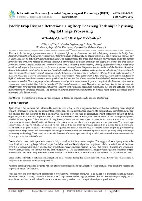 Pdf Paddy Crop Disease Detection Using Deep Learning Technique By Using Digital Image Processing