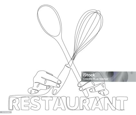 레스토랑 텍스트가 있는 주방 기구를 들고 있는 한 줄의 연속적인 손 얇은 선 그림 벡터 개념입니다 윤곽 그리기 창의적인 아이디어