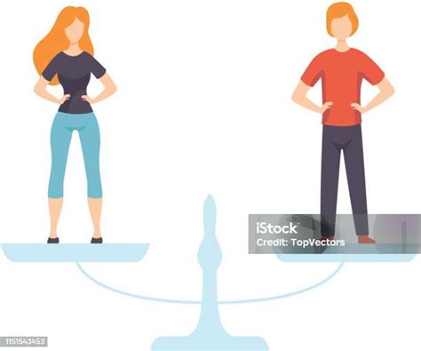 젊은 남자와 여자는 비늘에 서 사람들의 평등 권리 성 평등 사회 벡터 일러스트 벡터에 대한 스톡 벡터 아트 및 기타 이미지