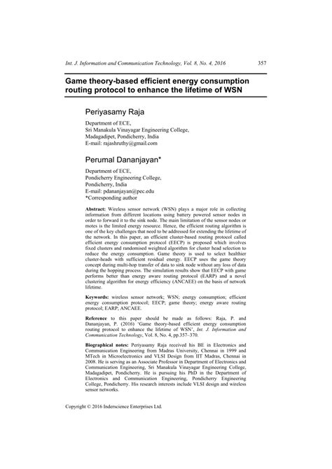 Pdf Game Theory Based Efficient Energy Consumption Routing Protocol To Enhance The Lifetime Of Wsn