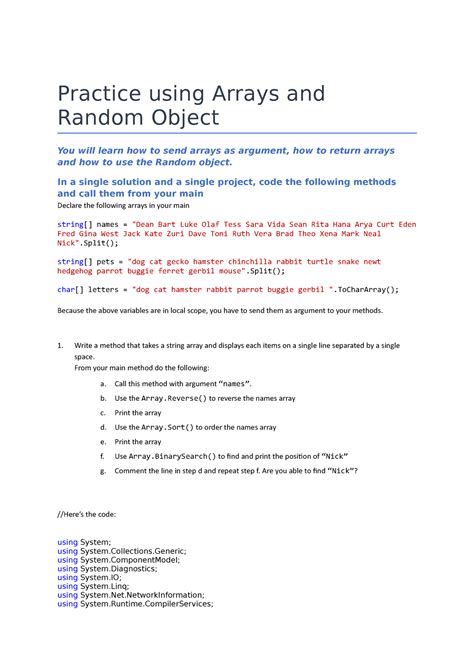 Array B Array B Practice Using Arrays And Random Object You Will