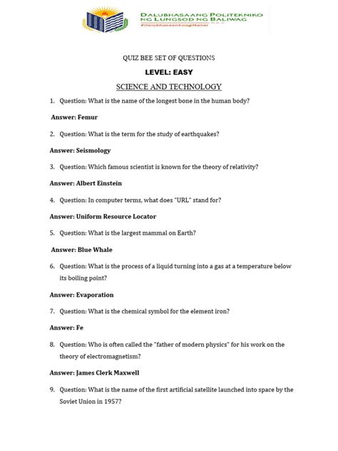 Quiz Bee Set Of Questions Science And Technology Pdf Quantum