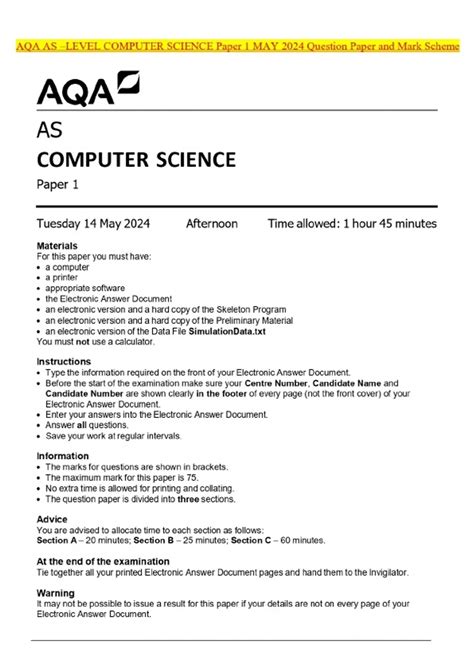 Aqa As Level Computer Science Paper 1 May 2024 Question Paper And Mark