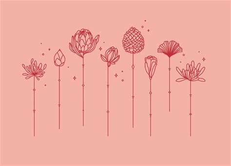 Flowers Long Stem Drawing In Art Deco Style On Coral Background
