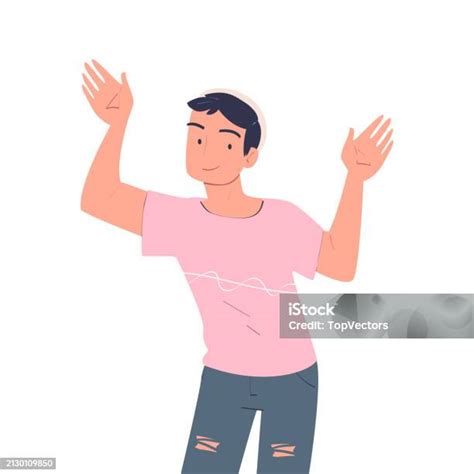 행복하다 남자 캐릭터 흔드는 손 와 미소 짓는 벡터 일러스트 감정에 대한 스톡 벡터 아트 및 기타 이미지 감정 개념