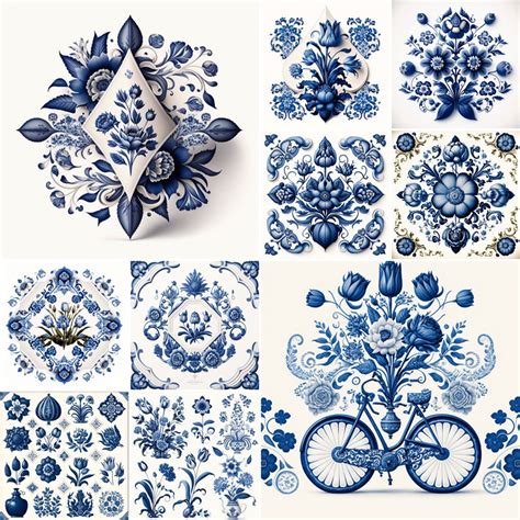 Delft Blue Flower Patterns And Cutouts Digital Paper Printable