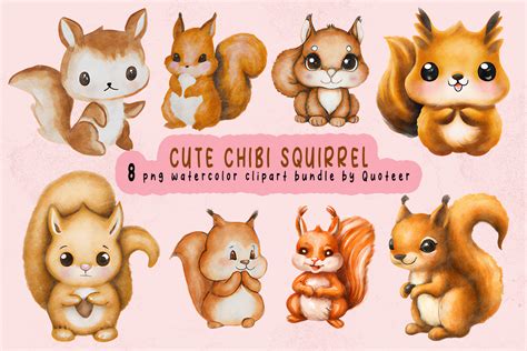 Cute Chibi Squirrel Watercolor Clipart Graphic By Quoteer · Creative Fabrica