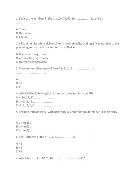 Mcq Questions On Arithmetic Progressions Class 10 Pdf Numbers Discrete Mathematics