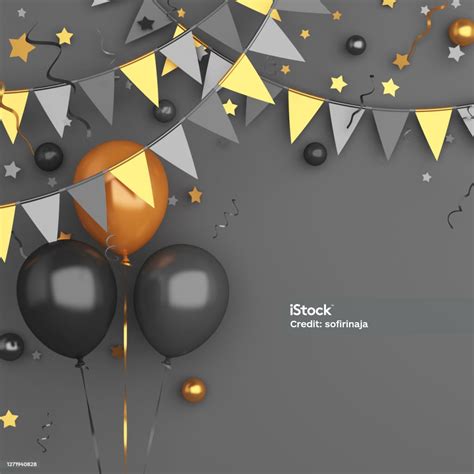 비행 금 풍선 화환 플래그 색종이 복사 공간 텍스트 3d 렌더링 그림블랙 프라이데이 판매 배경 장식 갈란드 장식품에 대한 스톡 사진 및 기타 이미지 Istock