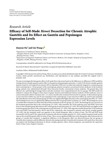 Pdf Efficacy Of Self Made Hewei Decoction For Chronic Atrophic Gastritis And Its Effect On