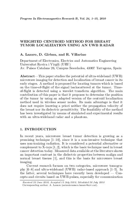 Pdf Weighted Centroid Method For Breast Tumor Localization Using An Uwb Radar Antonio Lázaro