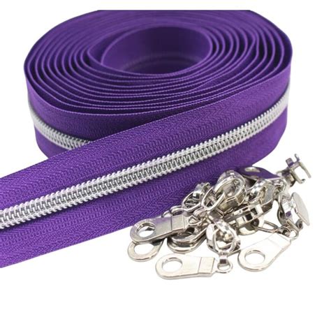 5 Silver Metallic Nylon Coil Zippers By The Yard Bulk Purple Tape 10