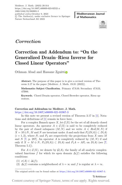 Correction And Addendum To On The Generalized Drazinriesz Inverse For Closed Linear Operators”