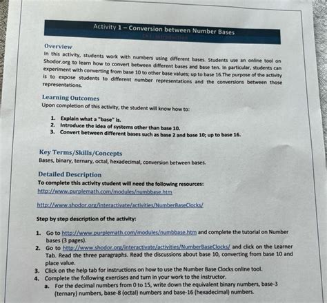 Solved Activity 1 Conversion Between Number Bases Overview