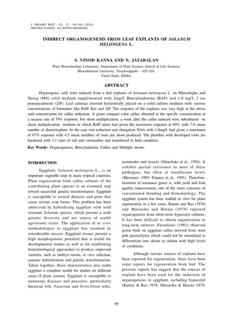 Pdf Indirect Organogenesis From Leaf Explants Of Solanum Melongena L