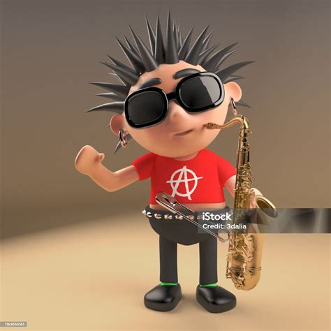 색소폰을 연주 하는 뾰족한 머리와 뮤지컬 3d 펑크 로커 3d 그림 3차원 형태에 대한 스톡 사진 및 기타 이미지 3차원 형태 공격성 디자인 Istock