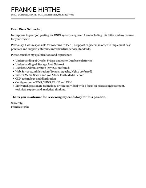 UNIX Systems Engineer Cover Letter Velvet Jobs