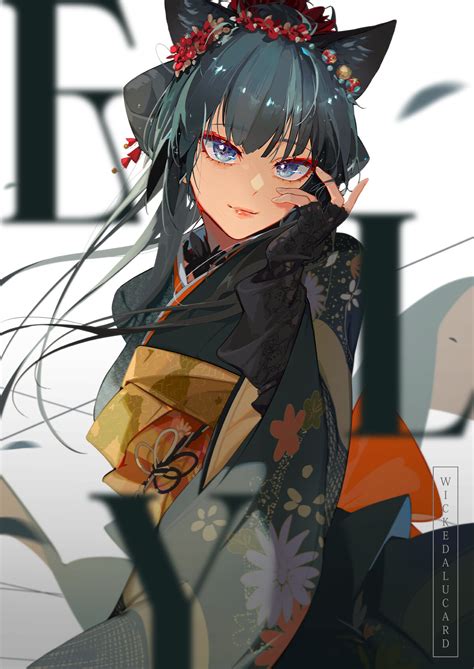 배경 화면 디지털 아트 삽화 애니메이션 소녀들 여자들 키모노 고양이 귀 파란 눈 검은 머리카락 세로보기 뷰어를보고 1200x1696 Pnuttn