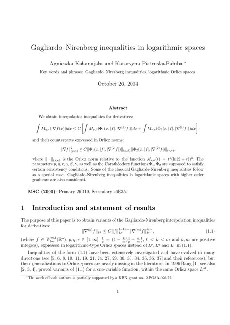 Pdf Gagliardo Nirenberg Inequalities In Logarithmic Spaces