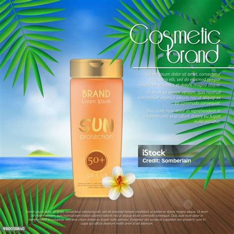 이국적인 야자수와 해변 배경에 여름 선크림 화장품 디자인 서식 파일 나뭇잎 3d 현실 태양 보호와 제품 광고입니다 3차원 형태에 대한 스톡 벡터 아트 및 기타 이미지