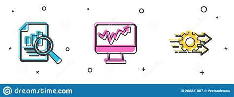 Set Document With Graph Chart Monitor And Time Management Icon Vector Stock Vector