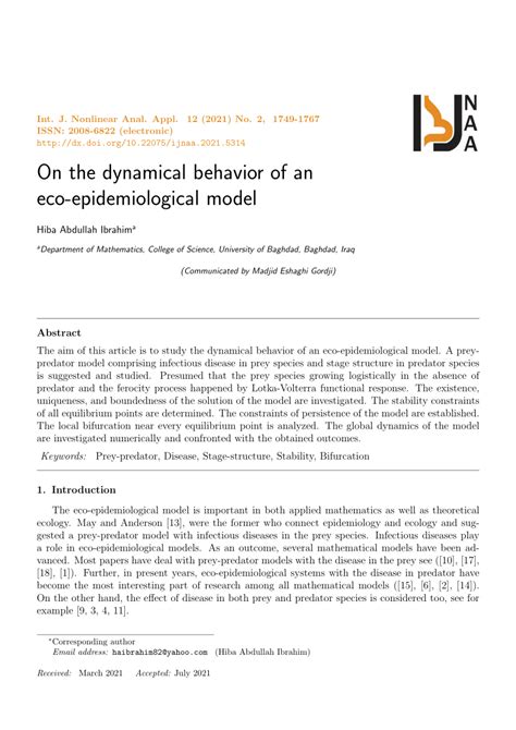 Pdf On The Dynamical Behavior Of An Eco Epidemiological Model