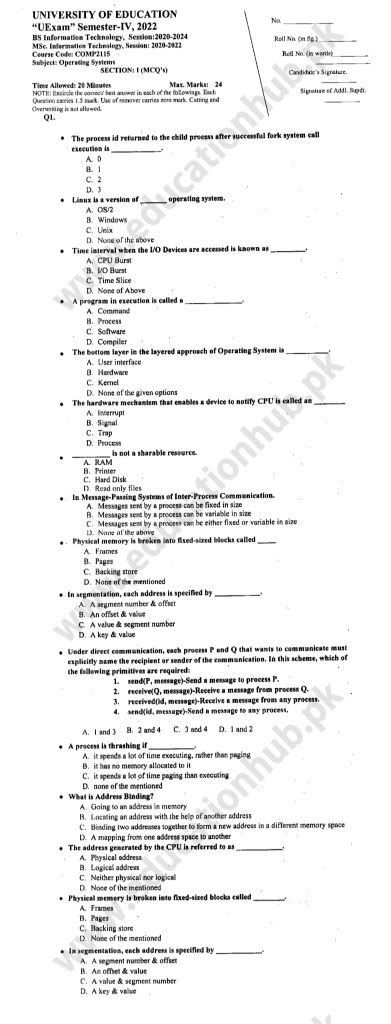 Comp2115 Operating Systems Bs It Education University Past Paper 2022
