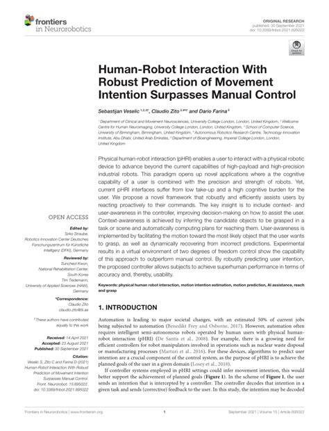 Pdf Human Robot Interaction With Robust Prediction Of Movement Intention Surpasses Manual Control