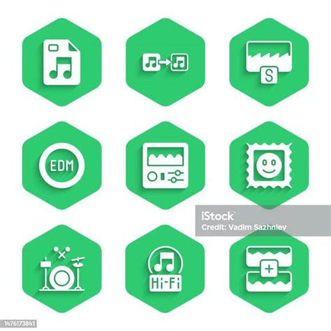 드럼 머신 음악 노트 톤 웨이브 이퀄라이저 Lsd 산성 마크 드럼 Edm 전자 댄스 음악 및 Mp3 파일 문서 아이콘을 설정합니다 벡터 강렬하고 밝은 색상에 대한 스톡 벡터