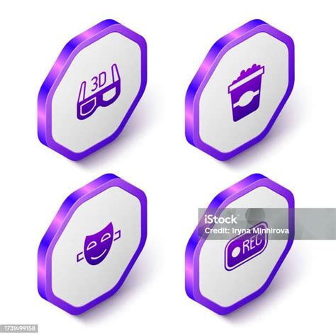 아이소메트릭 3d 시네마 안경 팝콘 판지 상자 코미디 연극 마스크 및 녹화 버튼 아이콘을 설정합니다 보라색 육각형 버튼 벡터 3차원 형태에 대한 스톡 벡터 아트 및 기타