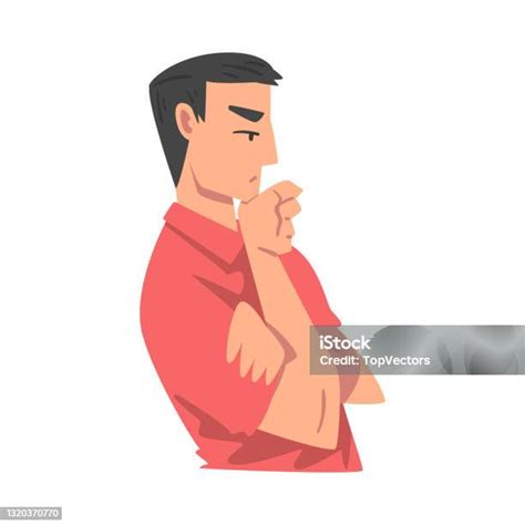 생각젊은 남자의 측면 보기 호기심 얼굴 표현 만화 벡터 일러스트와 사려 깊은 사람의 초상화 가공의 인물에 대한 스톡 벡터 아트