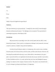 Memo Docx MEMO To From Date Subject Proposal Assignment Progress Report Summary This Report