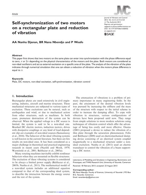 Pdf Self Synchronization Of Two Motors On A Rectangular Plate And Reduction Of Vibration