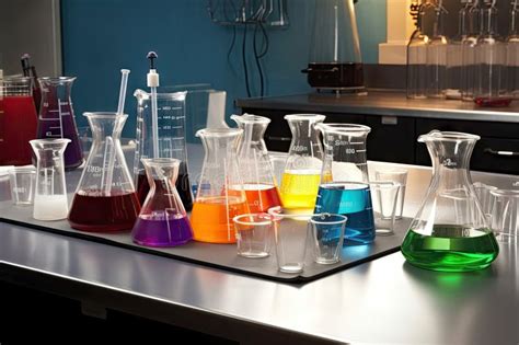 Science Lab With A Variety Of Flasks And Beakers For Mixing Chemical Compounds Stock
