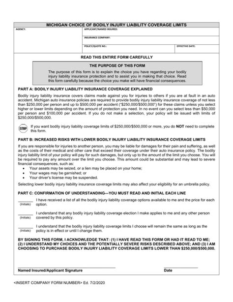 Michigan Michigan Choice Of Bodily Injury Liability Coverage Limits Fill Out Sign Online And