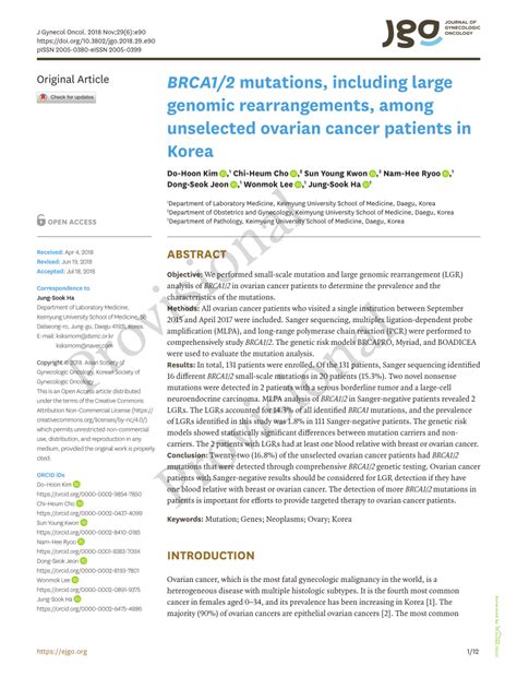 Pdf Brca12 Mutations Including Large Genomic Rearrangements Among Unselected Ovarian Cancer