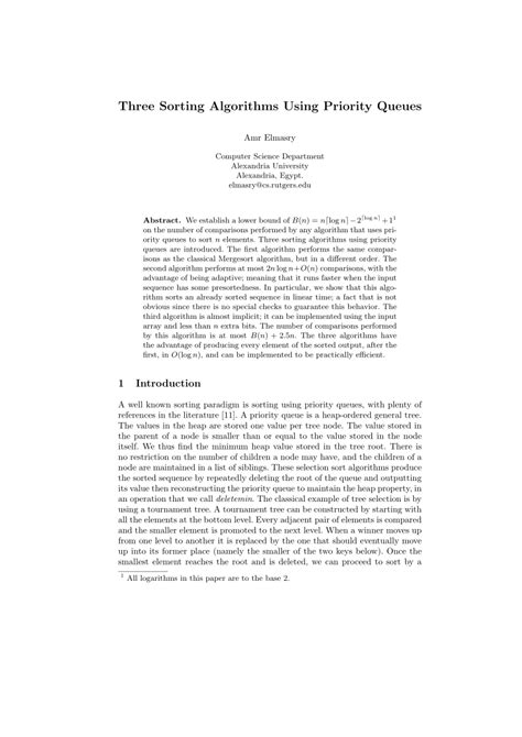 Pdf Three Sorting Algorithms Using Priority Queues