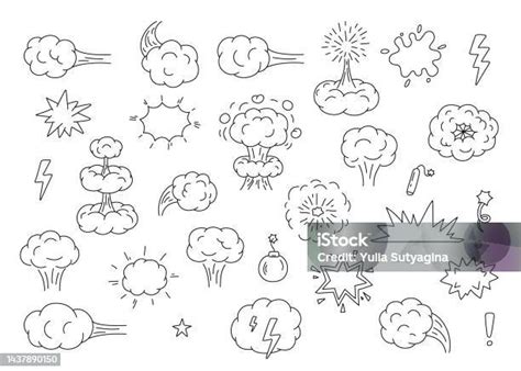 폭발 폭탄 붐 낙서 라인 세트 손으로 그린 요소 스플래시 균열 파우 충돌 전쟁 구름 연기로 폭발 컬렉션 개요 스케치 벡터 그림 구름에 대한 스톡 벡터 아트 및 기타 이미지