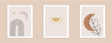 추상 태양 문 포스터 세트 현대 미니멀리스트 배경 현대 Boho 스타일 중반 세기 프리미엄 벡터