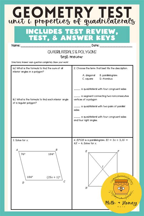 Properties Of Quadrilaterals And Polygons Unit Test Review Test Geometry