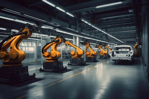 Premium Ai Image Automated Robot Arm Assembly Line Producing High Tech Electric Vehicles