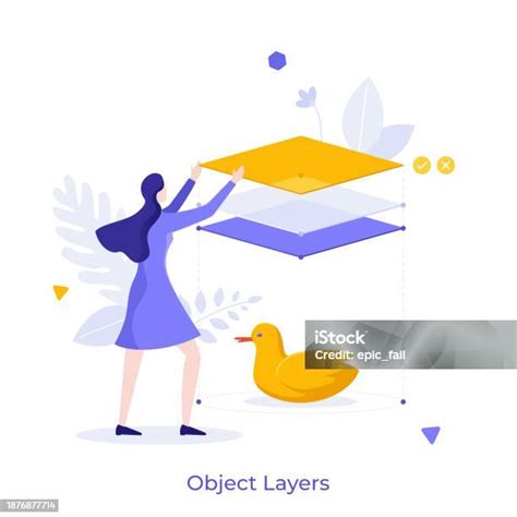 사각형 모양을 다른 사람과 고무 오리 위에 놓는 여자 그래픽 디자인 디지털 조각 3d 모델링 예술에서 개체 레이어의 개념 현대 평면 벡터 일러스트 레이 션 포스터 배너에