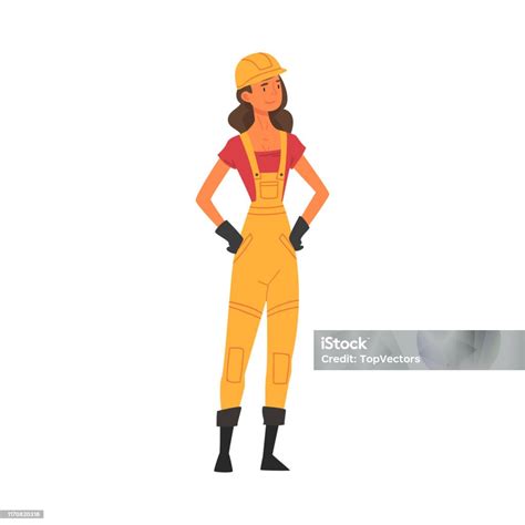 오렌지 하드 모자 헬멧과 바지 건설 엔지니어 수리공 포먼 또는 핸디맨 벡터 일러스트를 착용 소녀 건물 노동자 문자 건물 외관에